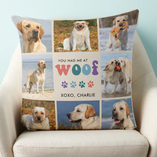 Retro You Had Me WOOF Custom 8 Photo Collage Dog Throw Pillow | Zazzle