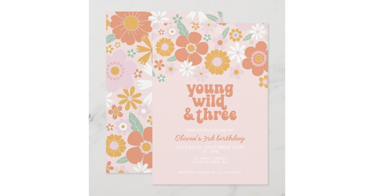 Retro Young Wild Three Floral 3rd birthday Invitation | Zazzle