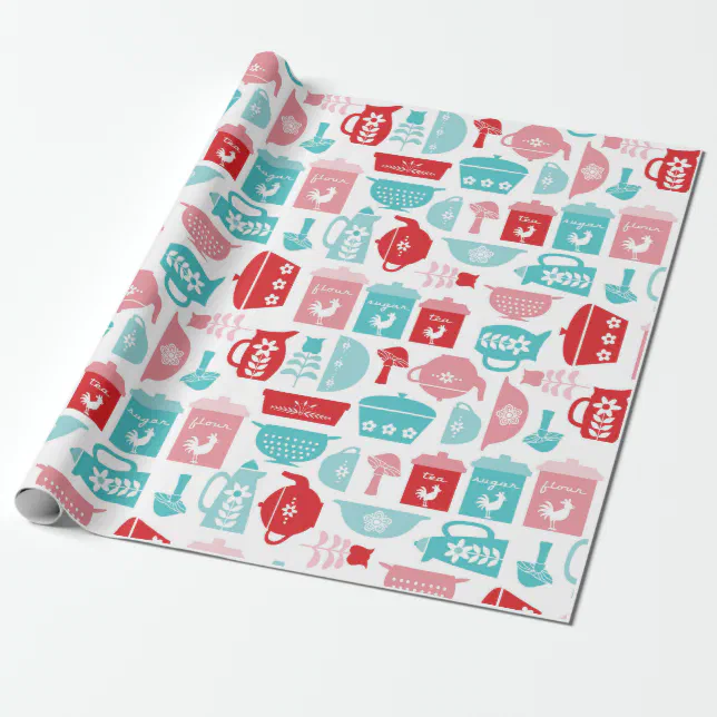 RetroRed and Blue Kitchen Pattern Wrapping Paper | Zazzle