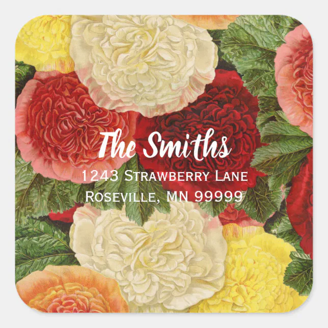 Return Address Vintage Red White Pink Yellow Roses Square Sticker | Zazzle
