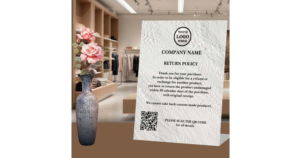 Return Policy Travertine Retail Logo Business Pedestal Sign | Zazzle