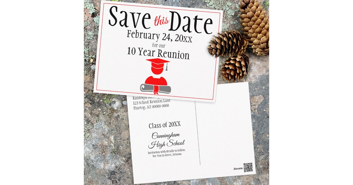Reunion Class Save The Date Minimalist Red Gray Postcard | Zazzle