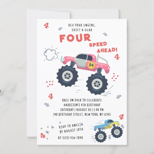 Rev Your Engine 4th Birthday Monster Car Trucks Invitation | Zazzle