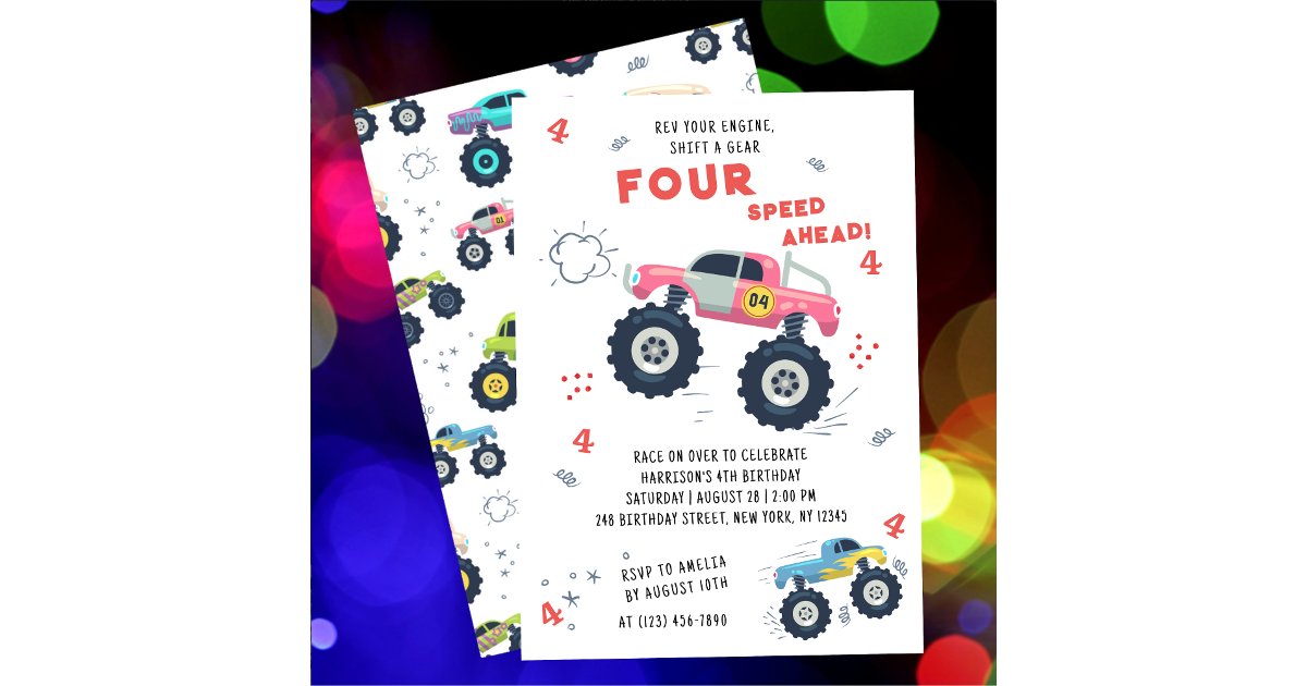 Rev Your Engine 4th Birthday Monster Car Trucks Invitation | Zazzle
