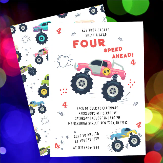 Rev Your Engine 4th Birthday Monster Car Trucks Invitation | Zazzle