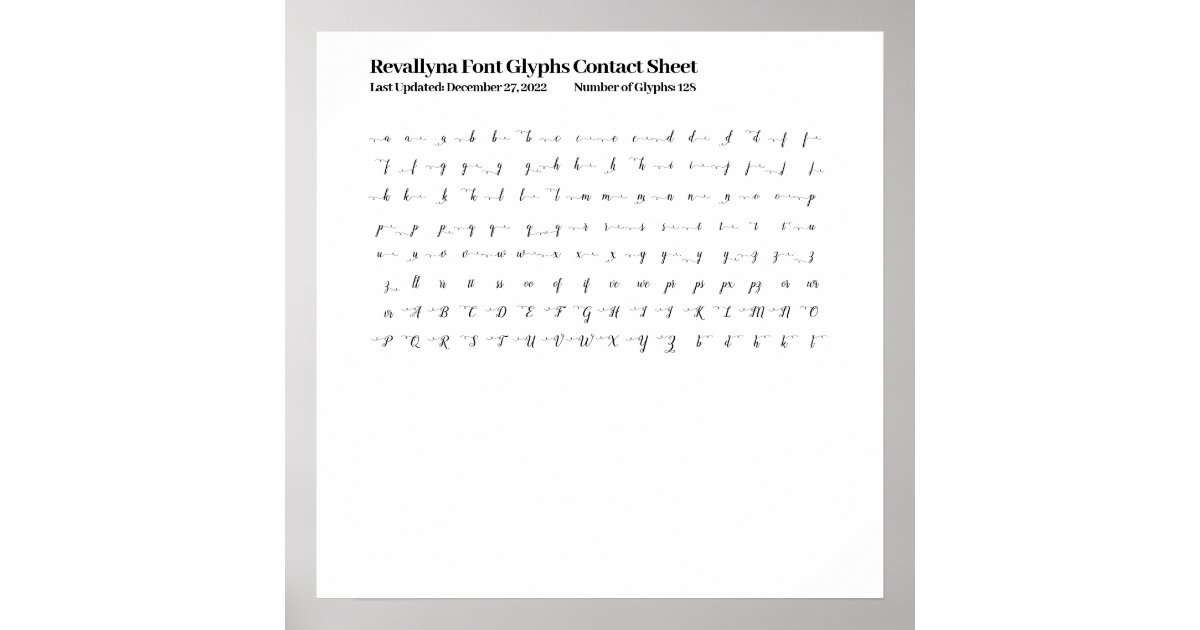 Revallyna Script Font Glyphs Contact Sheet Poster | Zazzle