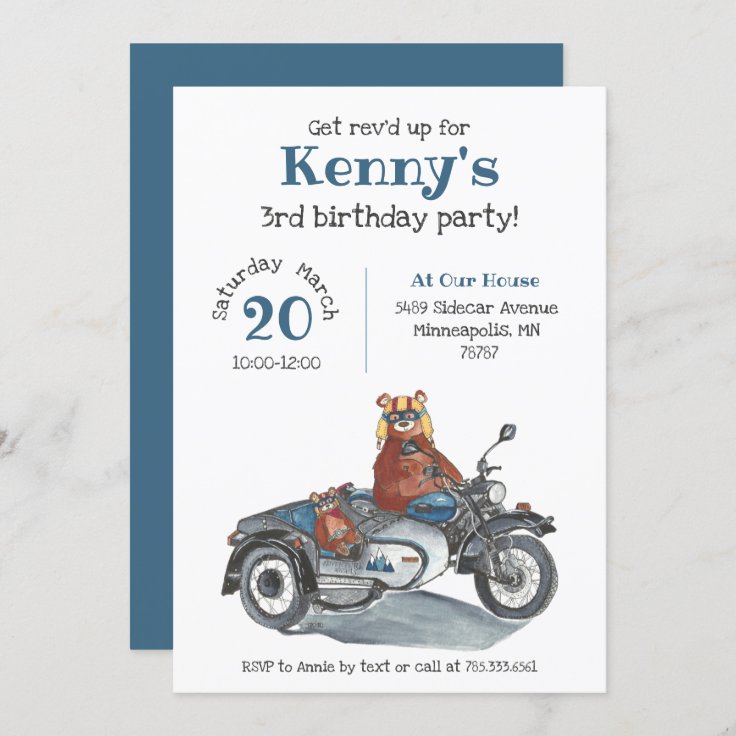 Rev'd Up Motorcycle Bears Birthday Invitation | Zazzle