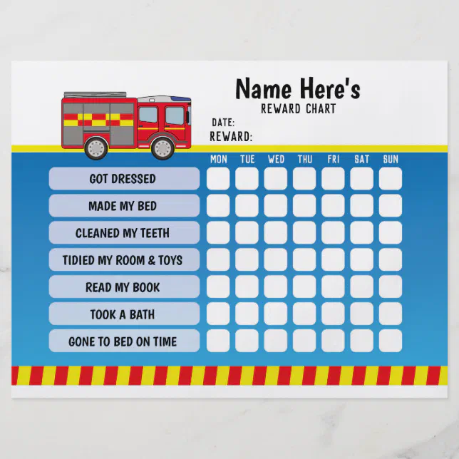 Reward Chart Personalised Fire Truck Planner Kids Flyer | Zazzle