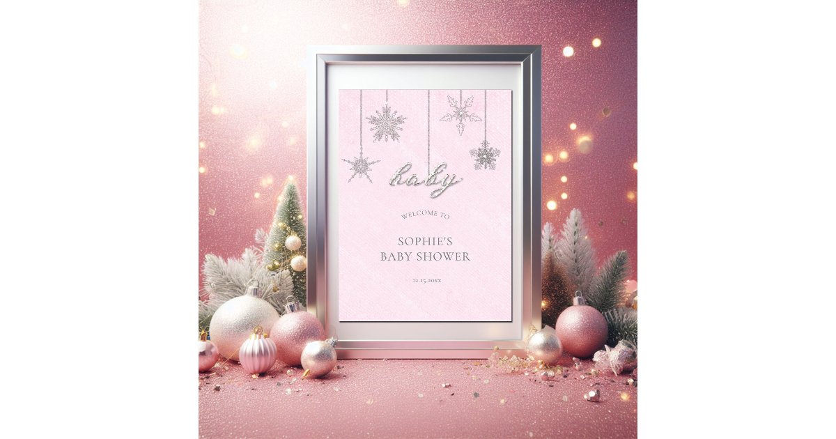 Rhinestones Snowflakes Pink Baby Shower Welcome Poster | Zazzle