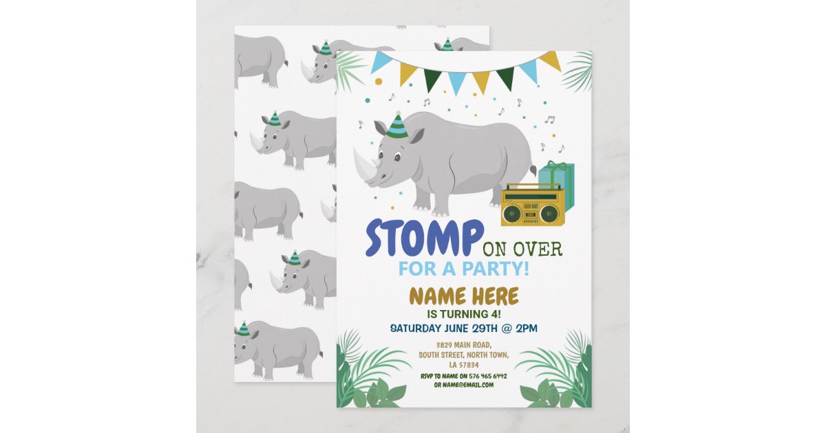 Rhino Party Kids Birthday Animal Fun Invitation | Zazzle