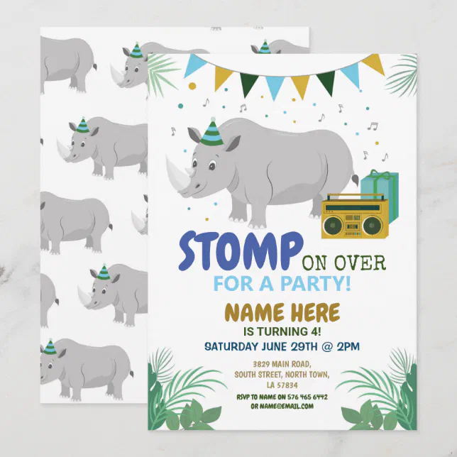 Rhino Party Kids Birthday Animal Fun Invitation | Zazzle