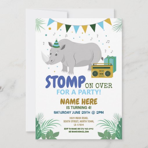 Rhino Party Kids Birthday Animal Fun Invitation | Zazzle