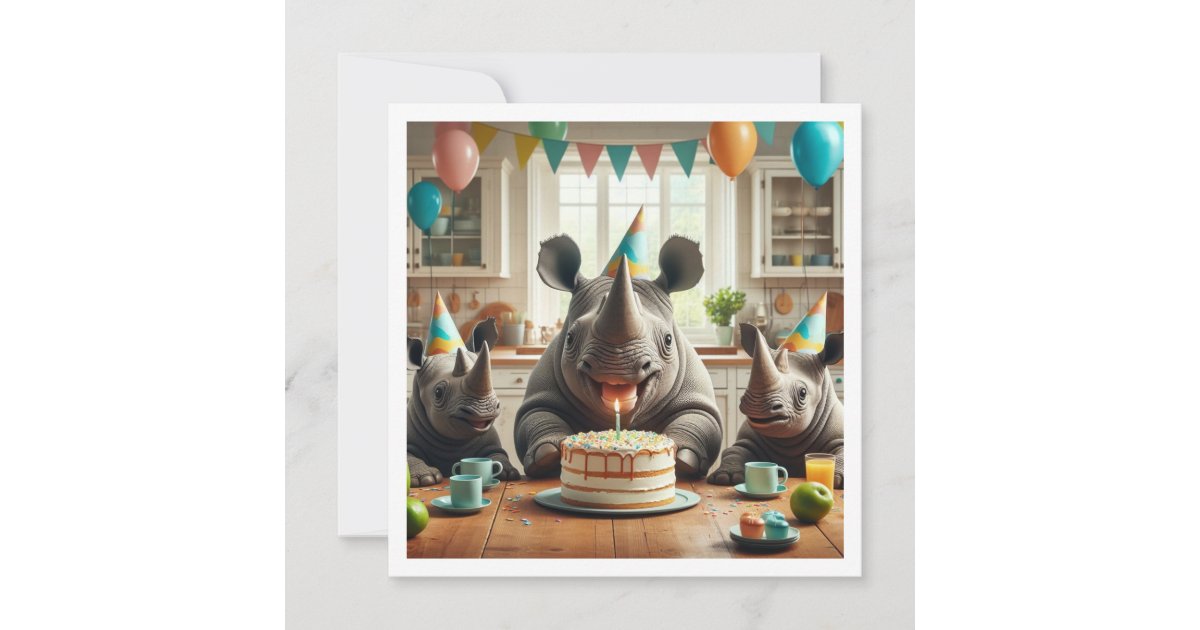 Rhinos celebrating, rhinoceros birthday invite | Zazzle