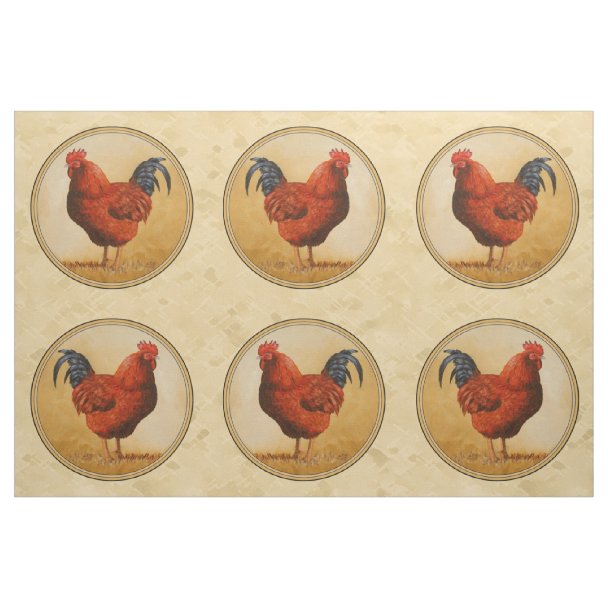 Yellow Red Rooster Chicken Tiled Folk Art Fabric | Zazzle