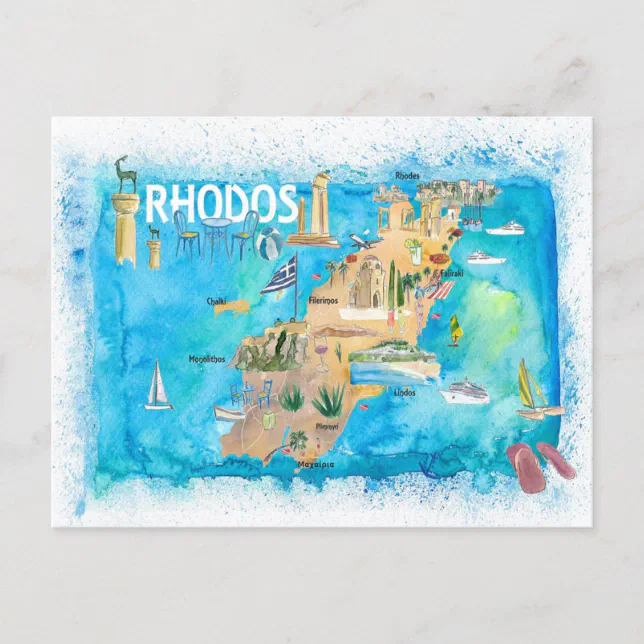 Rhodes Greece Illustrated Map with Landmarks Postcard | Zazzle