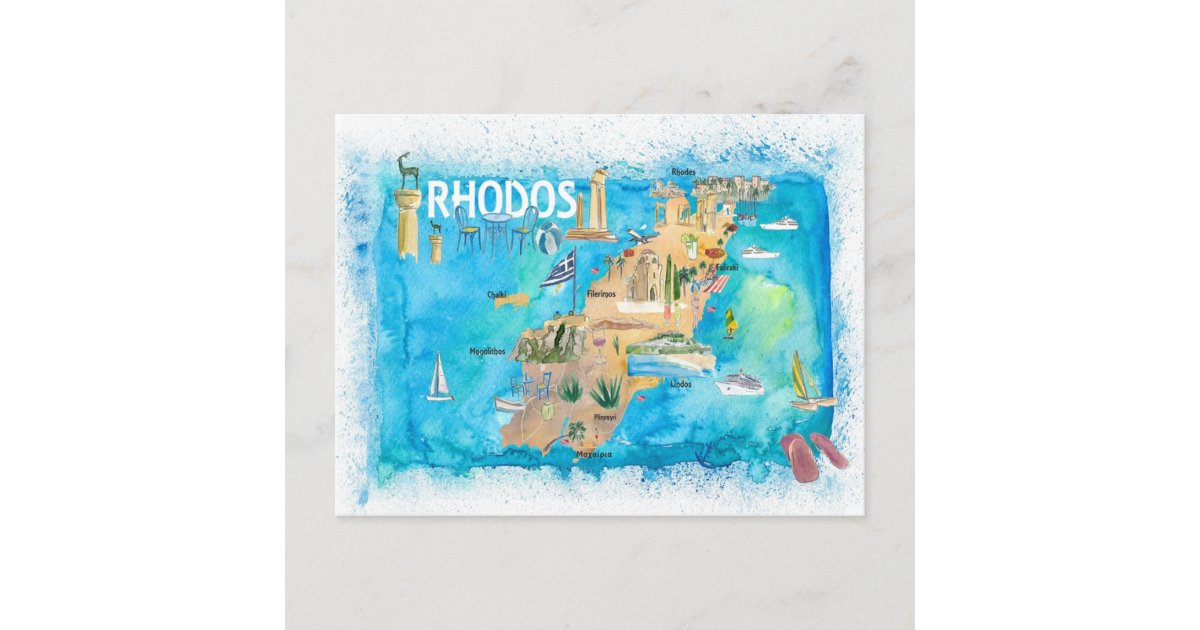 Rhodes Greece Illustrated Map with Landmarks Postcard | Zazzle