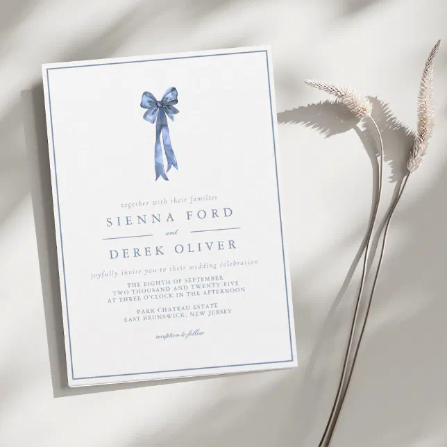 Ribbon Bow Elegance Dusty Blue Wedding Invitation | Zazzle