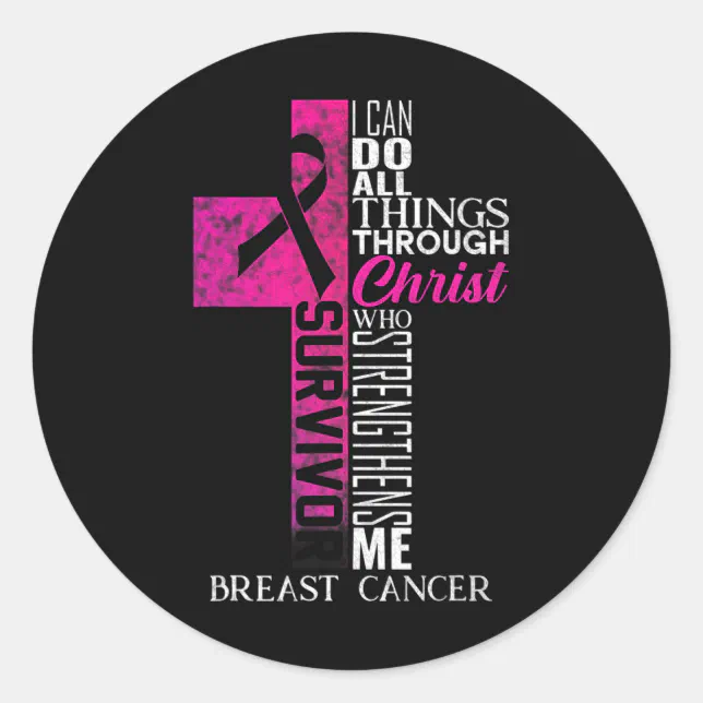 Ribbon Breast Cancer Survivor Christian Cross Classic Round Sticker ...