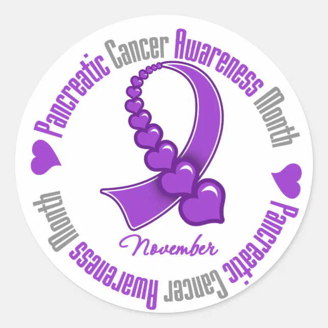 Ribbon of Hearts - Pancreatic Cancer Awareness Classic Round Sticker ...