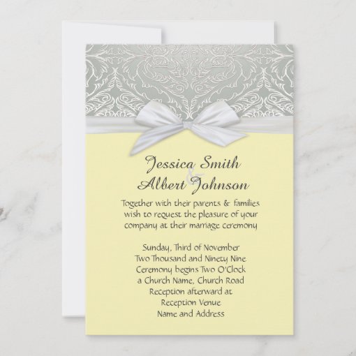 Ribbon Yellow/Silver Lace Damask Wedding Invite | Zazzle