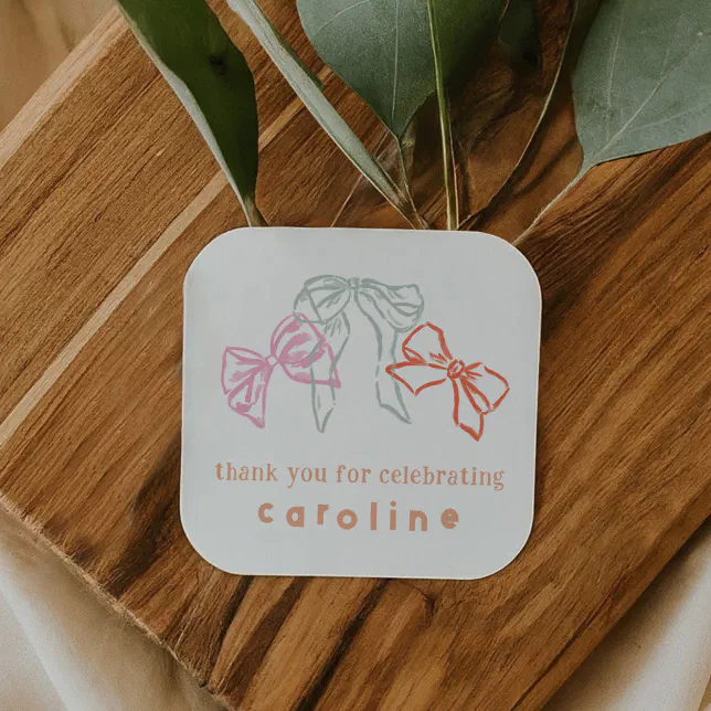 Ribbons and Bows Birthday Thank You Favor Square Sticker | Zazzle