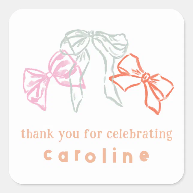 Ribbons and Bows Birthday Thank You Favor Square Sticker | Zazzle