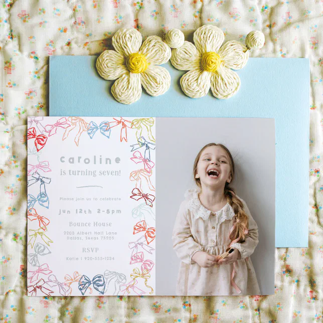 Ribbons and Bows Photo Girls Birthday Party Invitation | Zazzle