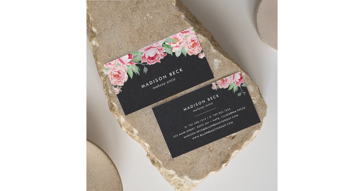 Rich Black & Blush Pink Peony Business Card | Zazzle