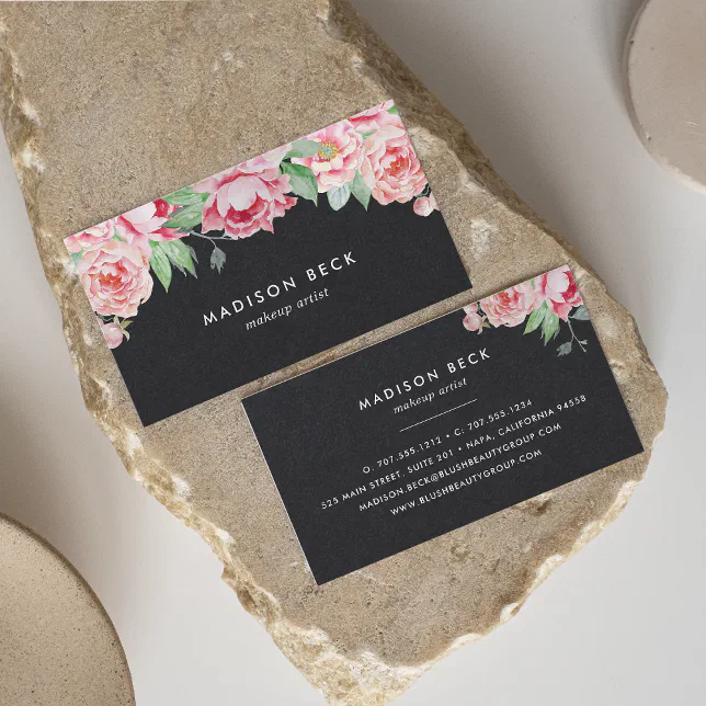 Rich Black & Blush Pink Peony Business Card | Zazzle