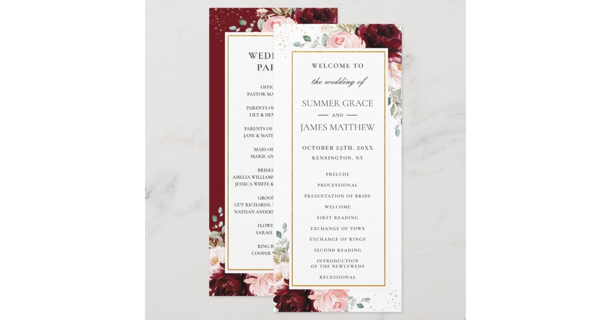 Rich Burgundy Red Blush Pink Roses Floral Wedding Program | Zazzle