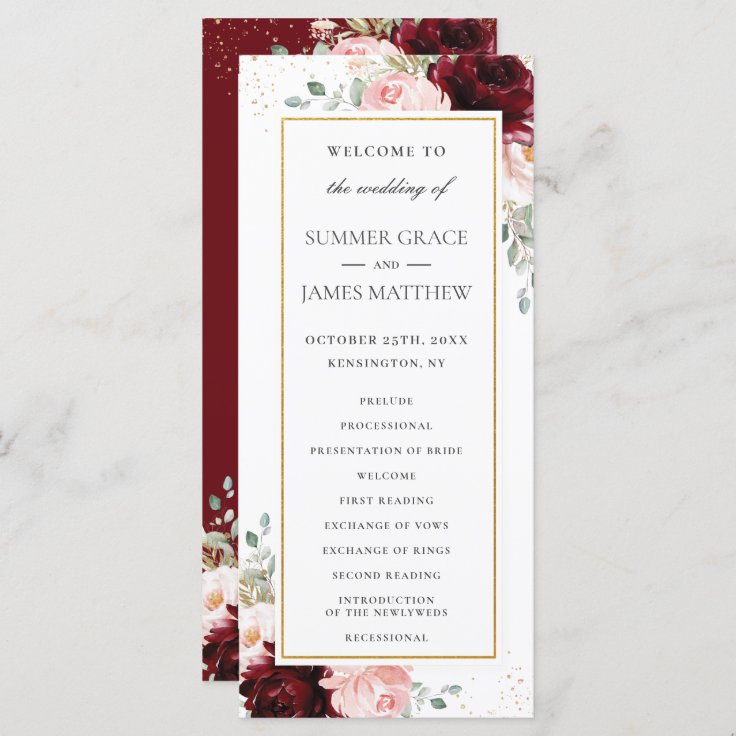 Rich Burgundy Red Blush Pink Roses Floral Wedding Program | Zazzle