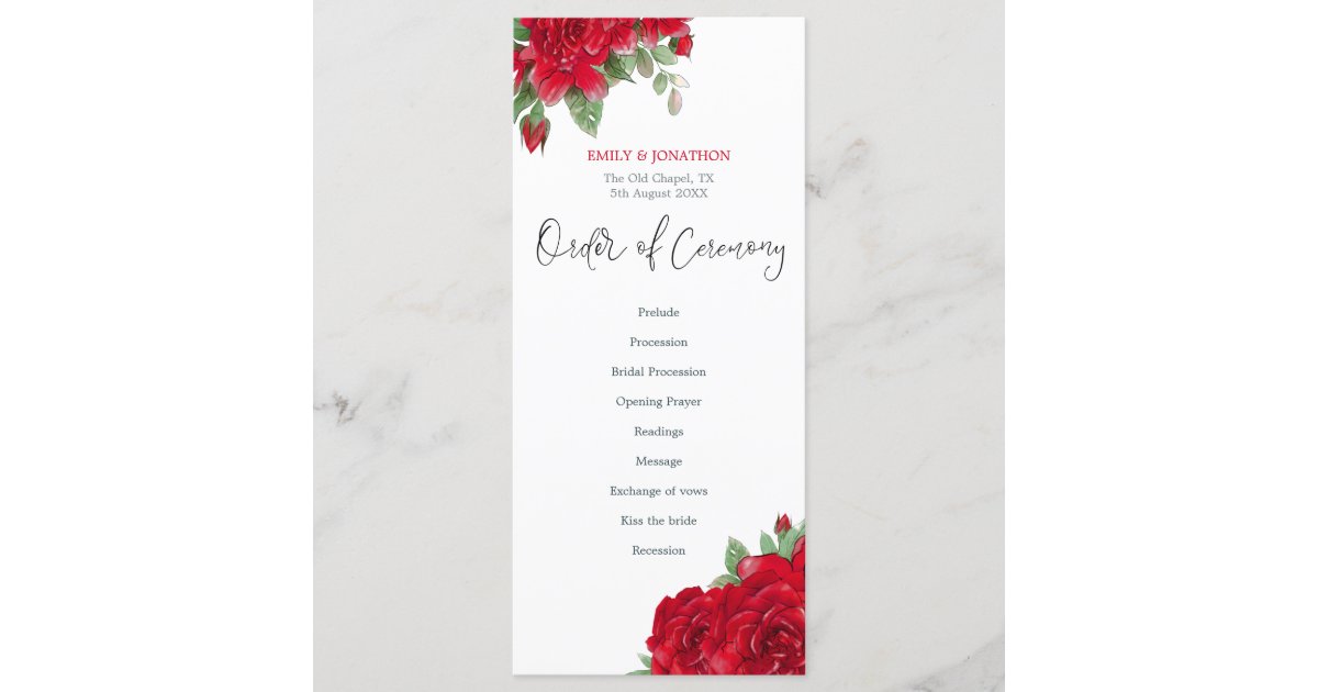 Rich Red Roses Floral Stylish Script Wedding Program | Zazzle