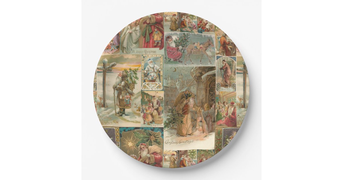 Richly-Detailed Vintage Father Christmas Collage Paper Plates | Zazzle