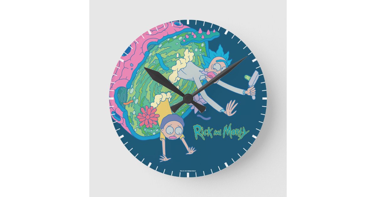 RICK AND MORTY™ | Falling From Infected Portal Round Clock | Zazzle