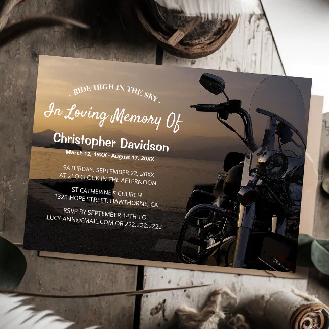 Ride High In The Sky | Motorcycle Rider Funeral Invitation | Zazzle