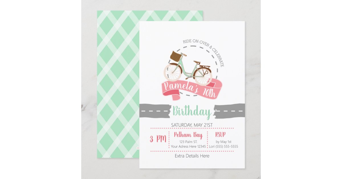 Ride On Over Bicycle Birthday Invitation | Mint | Zazzle