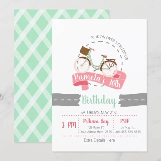 Ride On Over Bicycle Birthday Invitation | Mint | Zazzle