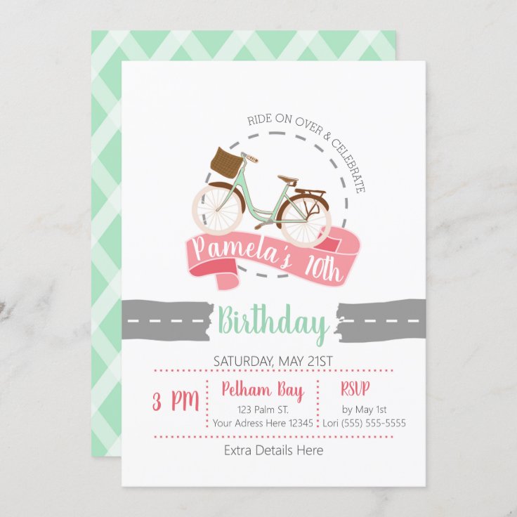 Ride On Over Bicycle Birthday Invitation | Mint | Zazzle