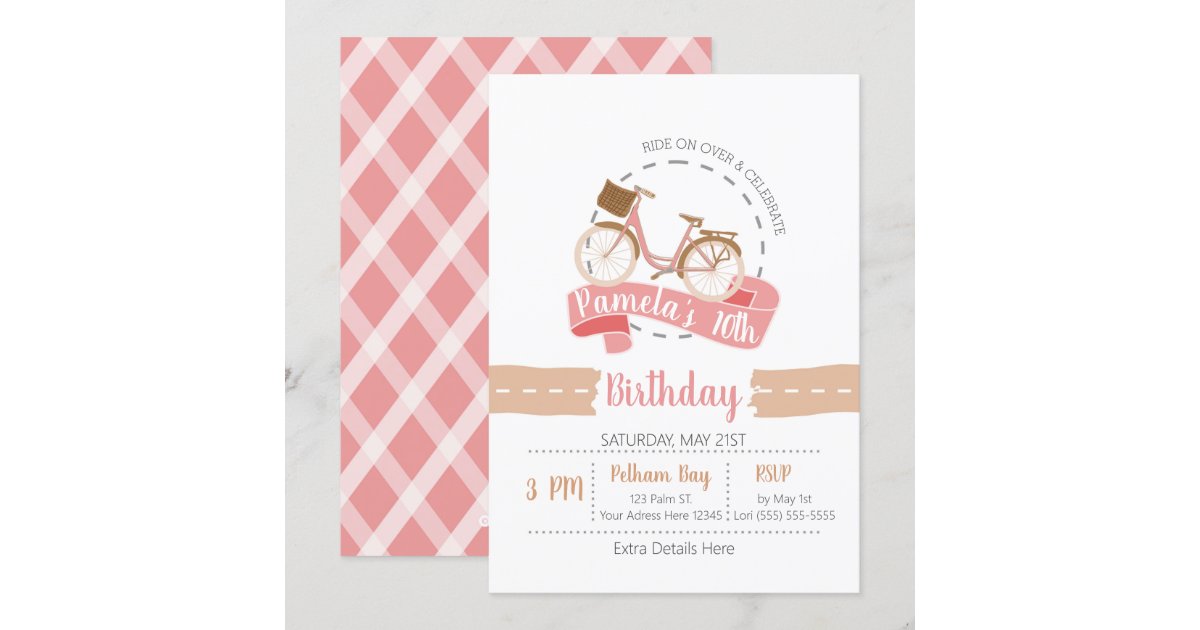 Ride On Over Bicycle Birthday Invitation | Pink | Zazzle