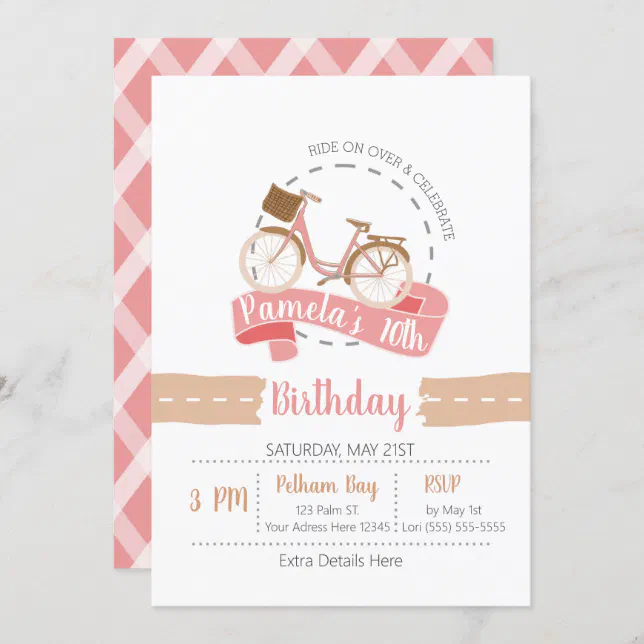 Ride On Over Bicycle Birthday Invitation | Pink | Zazzle