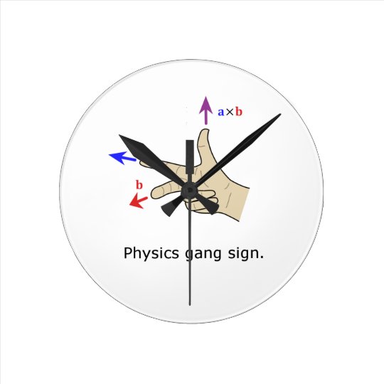 Right hand rule cross product Physics gang sign Round Clock | Zazzle.com