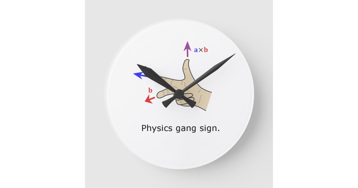 Right hand rule cross product Physics gang sign Round Clock | Zazzle