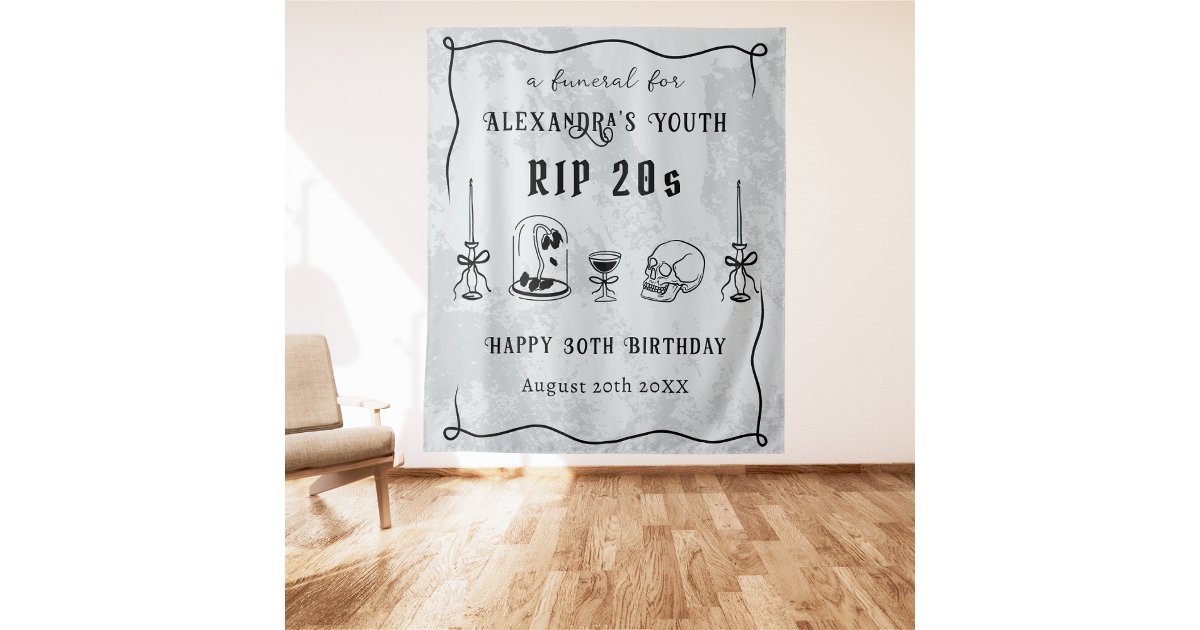 RIP 20s Doodle Stone Look Funeral 30th Birthday Tapestry | Zazzle