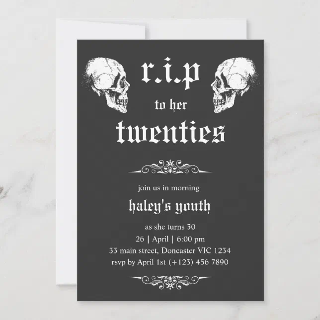 RIP 20s to her Twenties Goth Skulls 30th Birthday Invitation | Zazzle