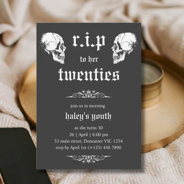 RIP 20s to her Twenties Goth Skulls 30th Birthday Invitation | Zazzle