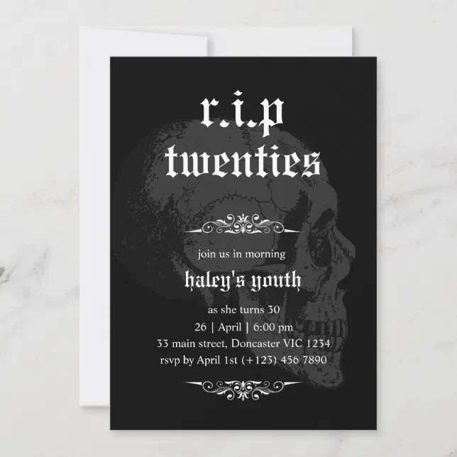 RIP 20s Twenties Goth Skull Funeral 30th Birthday Invitation | Zazzle