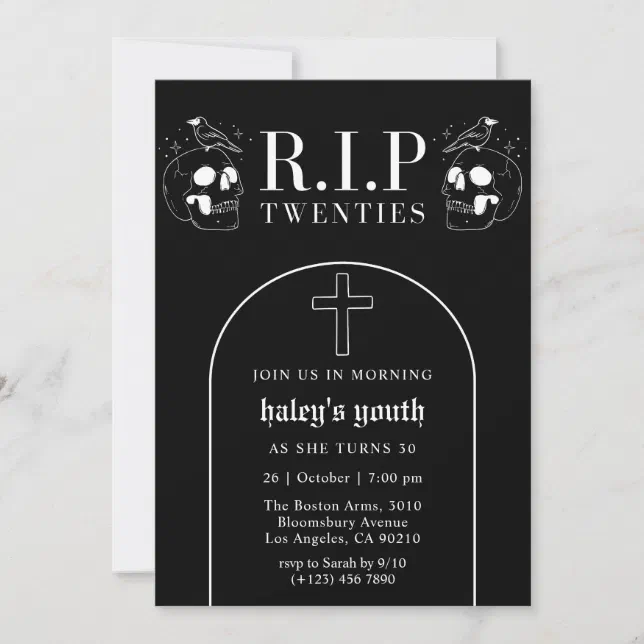 RIP 20s Twenties Spooky Black Skull 30th Birthday Invitation | Zazzle