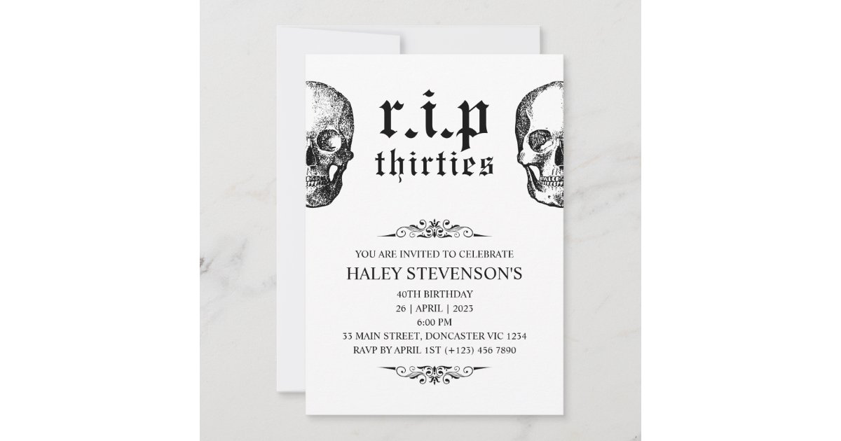 RIP 30s Twenties Funny Funeral Skull 40th Birthday Invitation | Zazzle