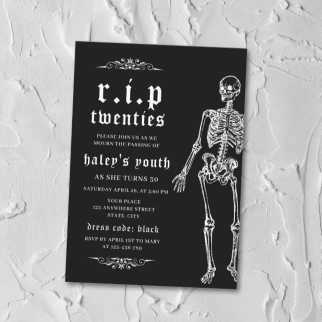 RIP Twenties 20s Funny Skeleton 30th Birthday Invitation | Zazzle