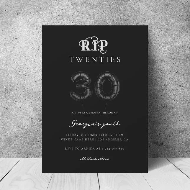 RIP Twenties Black Balloons 30th Birthday Party Invitation | Zazzle